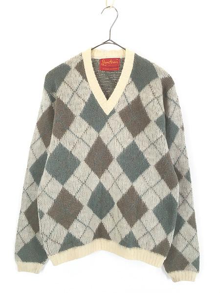 古着 60s USA製 Jantzen アーガイル チェック Vネック シャギー モヘア ウール ニット セーター M