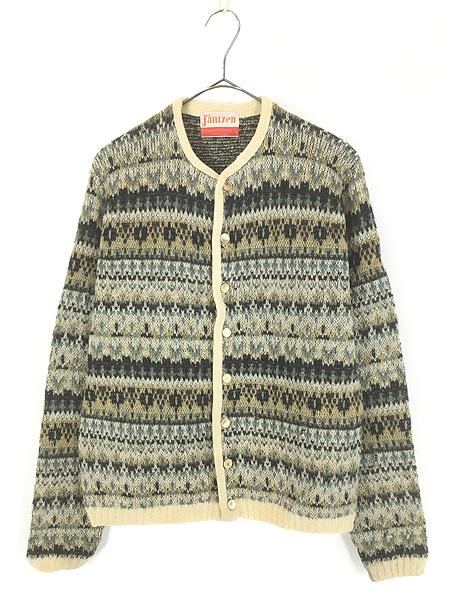 古着 60s USA製 Jantzen フェアアイル ボーダー シャギー モヘア ウール ニット カーディガン 丸首 L