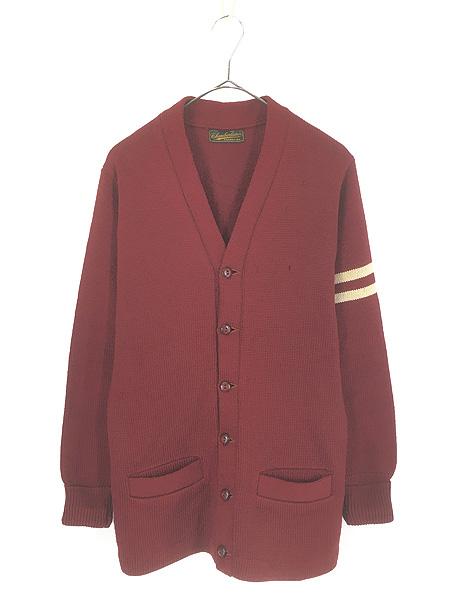 古着 40-50s Chamberlain's 畦編み ローゲージ ウール ニット アワード レタード カーディガン ワイン L位