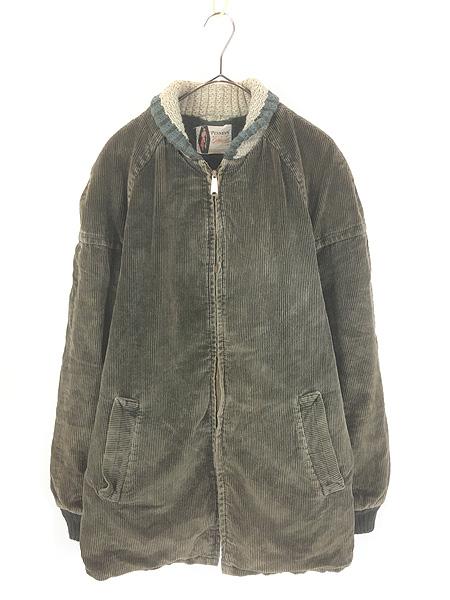 古着 60s Penney's ニット襟 ボア ライナー 太畝 コーデュロイ ファラオ コート オリーブ XL位