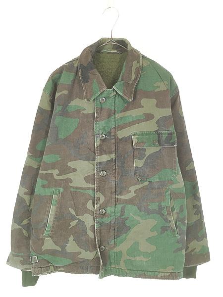 古着 80s 米軍 US NAVY 貴重!! ウッドランド カモ 迷彩 ミリタリー パイル ライナー A-2 デッキ ジャケット XL位