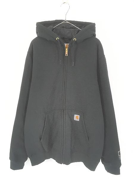 古着 Carhartt ワンポイント パッチ 「Rain Defender」 撥水 パデット スウェット ジップ パーカー ブラック M