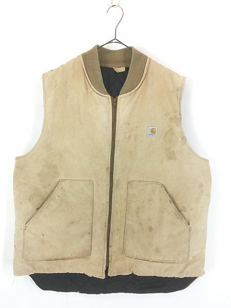 古着 80s USA製 Carhartt フェード ブラウン ダック 首リブ パデット ベスト 胸タグ 腰ゴム XL Tall