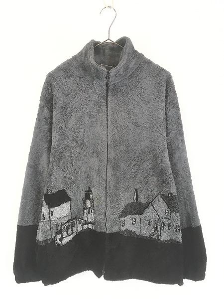 古着 90s USA製 OCEAN EAST 家 灯台 街並み モノクロ 総柄 フリース ジャケット M