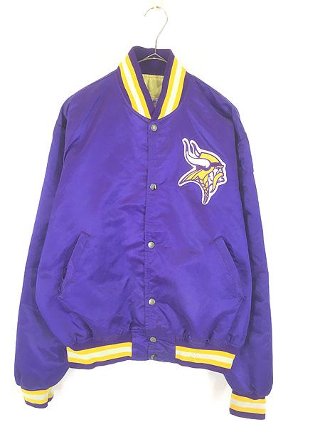 古着 80s USA製 STARTER NFL Minnesota Vikings バイキングス 光沢 サテン スタジャン ジャケット L