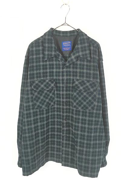 古着 90-00s Pendleton グリーン × ネイビー × グレー チェック 開襟 ボックス ウール ボード シャツ XL