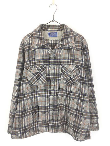 古着 70s USA製 Pendleton グレー タータン チェック 開襟 ボックス ウール ボード シャツ XL