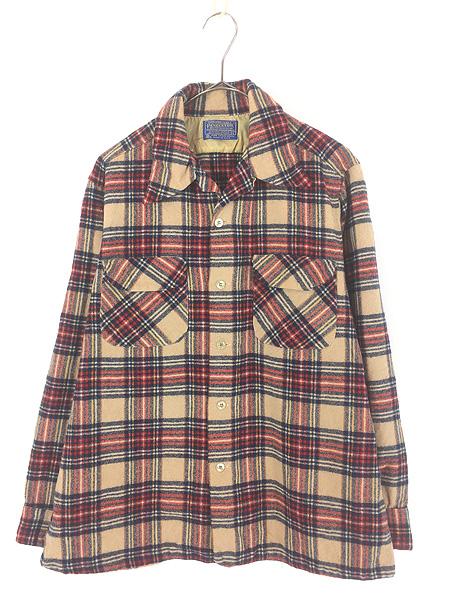 古着 70s USA製 Pendleton ベージュ タータン チェック 開襟 ボックス ウール ボード シャツ L