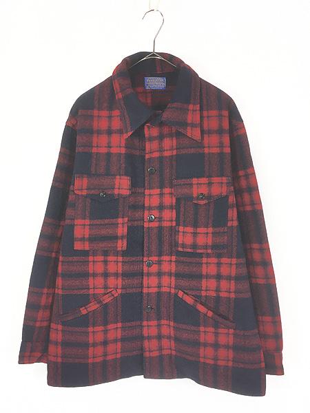 古着 70s USA製 Pendleton レッド × ネイビー チェック メルトン ウール マッキーノ ジャケット L