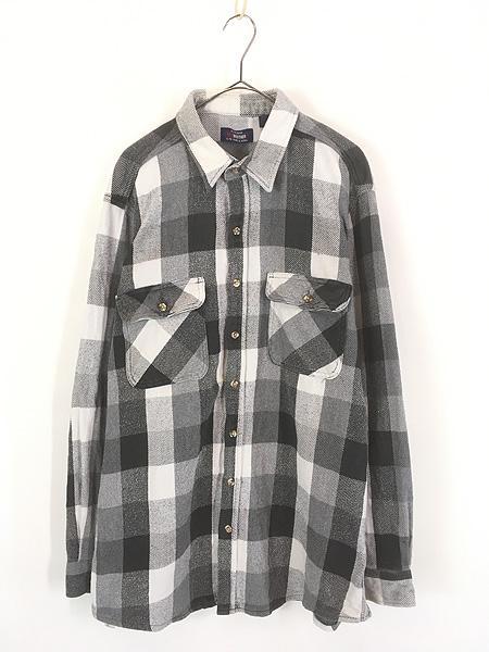古着 90s FIVE BROTHER 好配色 ブラック × ホワイト ブロック チェック ヘビー フランネル シャツ ヘビネル XL-T