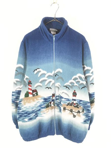 古着 90s BLAIR 海岸 灯台 風景 総柄 フリース ジャケット L