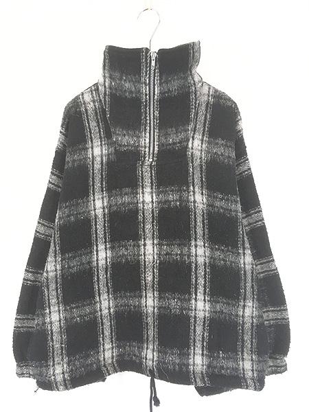 古着 90s Mexico製 EARTH RAGZ ブラック × グレー オンブレ シャドー チェック ハーフジップ ブランケット ジャケット M
