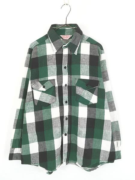 古着 70s USA製 FROSTPROOF ブラック × グリーン × ホワイト ブロック チェック ヘビー フランネル シャツ ヘビネル L