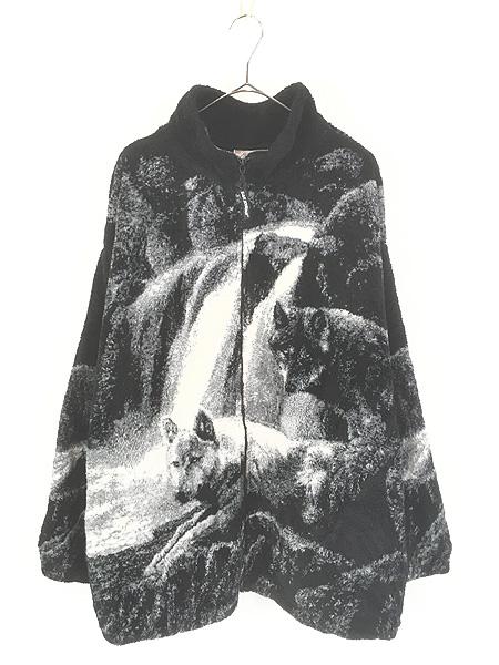 古着 90s USA製 BLACK MOUNTAIN オオカミ ウルフ 総柄 フリース ジャケット XL