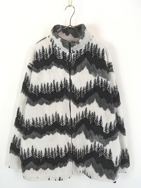 古着 90s BLACK MOUNTAIN 木 ツリー フォレスト ボーダー フリース ジャケット XL