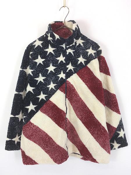 古着 90s USA製 BLACK MOUNTAIN 星条旗 フラッグ 総柄 フリース ジャケット M