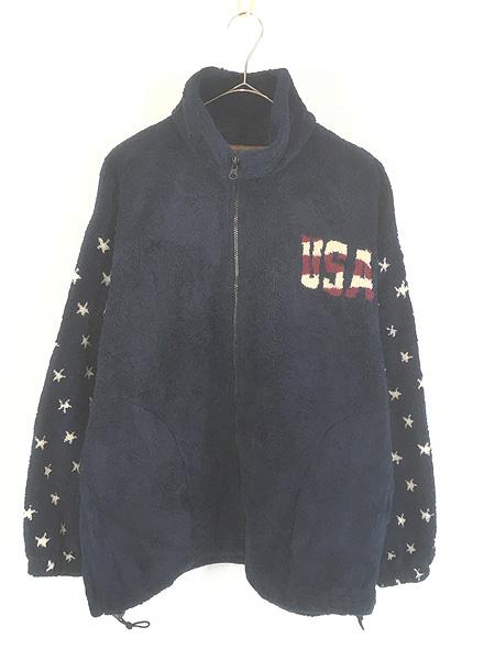 古着 90s USA製 Bear Ridge 星条旗 フラッグ 総柄 フリース ジャケット M