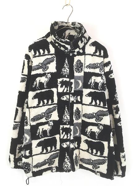 古着 90s USA製 OCEAN EAST ウルフ イーグル クマ ヘラジカ マルチ アニマル 総柄 フリース ジャケット M