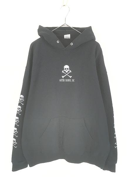 古着 00s OUTER BANKS NC スカル ボーン 4面 プリント スウェット パーカー XXL