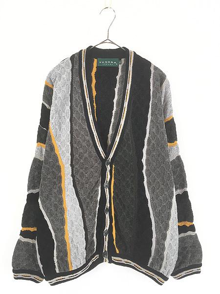 古着 90s 製 TUNDRA ベロア ストライプ アート アクリル コットン ニット カーディガン XL