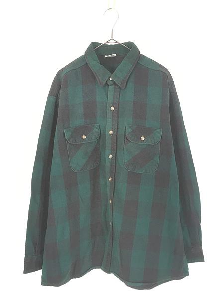 古着 90s FIVE BROTHER ブラック × グリーン ブロック チェック ヘビー フランネル シャツ ヘビネル 2XL