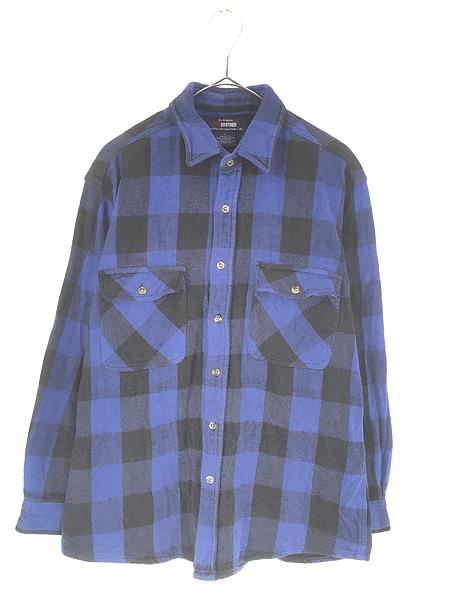 古着 00s FIVE BROTHER 好配色 ブラック × ブルー ブロック チェック ヘビー フランネル シャツ ヘビネル L