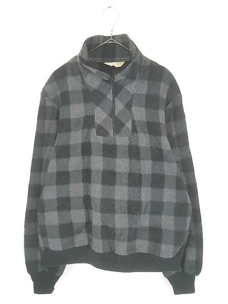 古着 80s USA製 St John's Bay ブラック × グレー ブロック チェック ハーフジップ フリース ジャケット XL