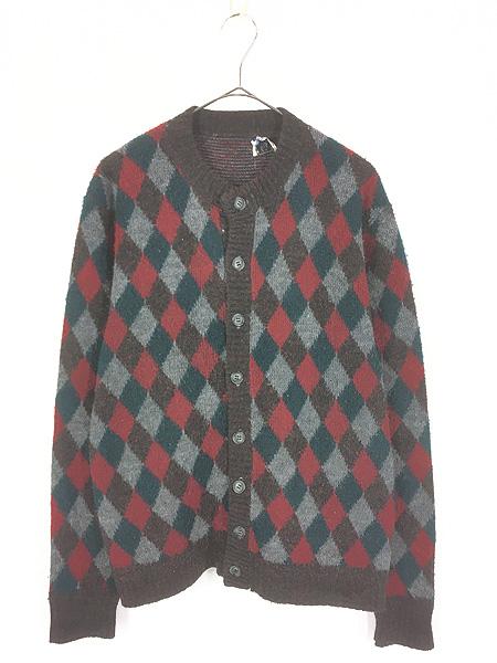 古着 60s ARROW ダイヤ パターン モヘア ルック シャギー アクリル ニット カーディガン 丸首 L位