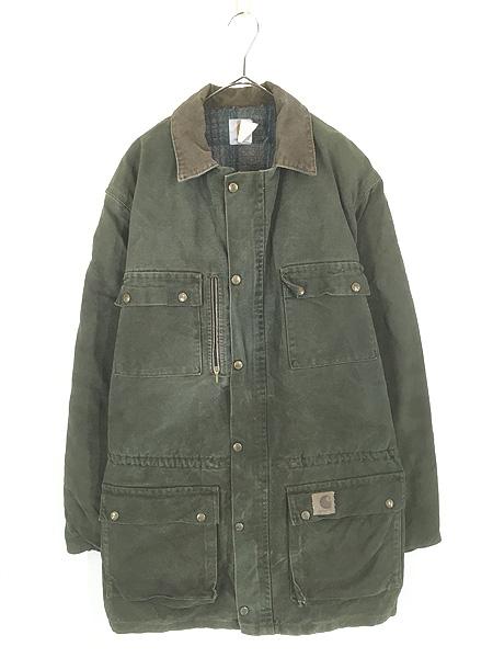 古着 80s USA製 Carhartt 裏地 ブランケット モスグリーン ダック 5ポケット カバーオール ジャケット L