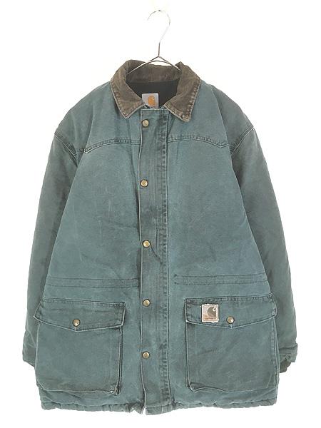 古着 90s USA製 Carhartt ウエスタンヨーク 貴重!! HTG ハンターグリーン ダック パデット ミドル ジャケット S