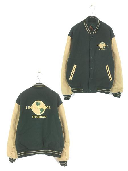 古着 90s USA製 UNIVERSAL STUDIOS 本革 レザー袖 メルトン ウール スタジアム ジャケット スタジャン M