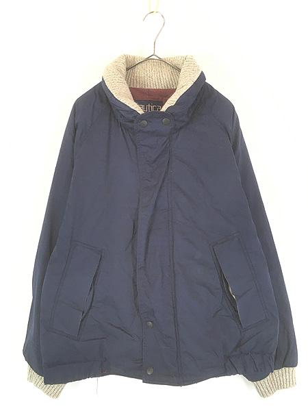 古着 90s Nautica 本革 レザー エルボーパッチ ドッグイヤー コットン ダウン ジャケット XL