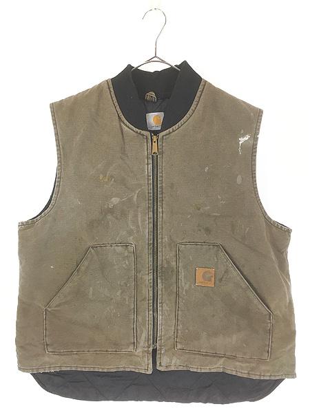 古着 Carhartt フェード ダークブラウン ダック 首リブ 腰ゴム パデット ベスト XXL位
