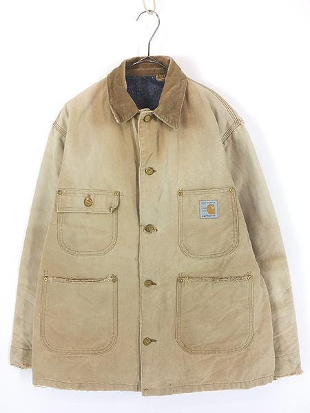 古着 80s Carhartt 「100周年記念」 フェード ブラウン ダック ミシガンチョア カバーオール ジャケット XL位