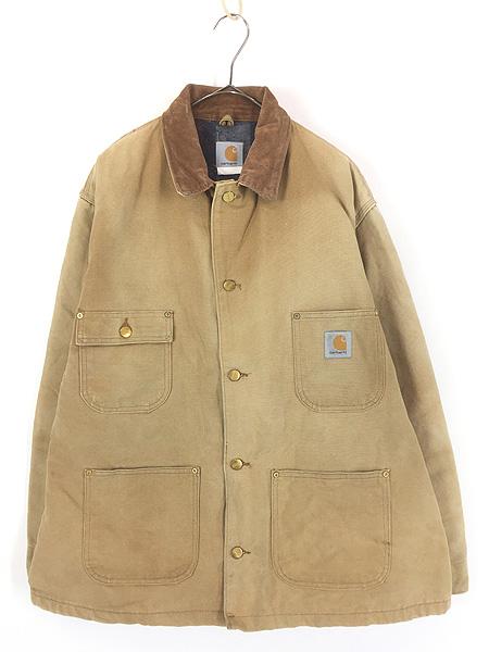 古着 90s- Carhartt 裏地 ストライプ ブランケット ブラウン ダック ミシガンチョア カバーオール ジャケット L位
