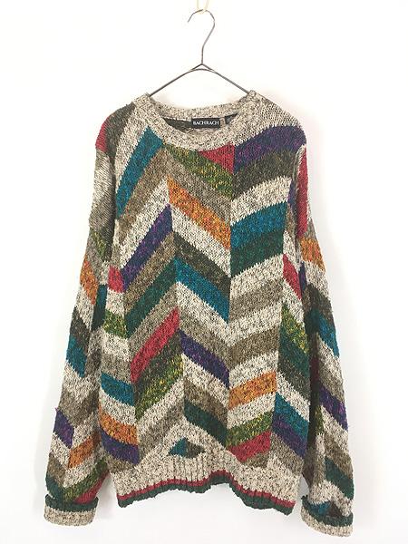 古着 90s BACHRACH カラフル ランダム ボーダー アート ラミー コットン ニット セーター XL