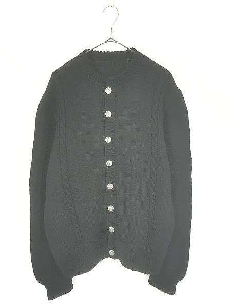 古着 50s メタルボタン ケーブル & 畔編み ローゲージ ヘビー ウール ニット ハイネック カーディガン ブラック XL位