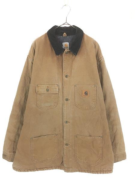 古着 00s Carhartt 裏地 ストライプ ブランケット BRN ブラウン ダック ミシガンチョア カバーオール ジャケット XXL Tall