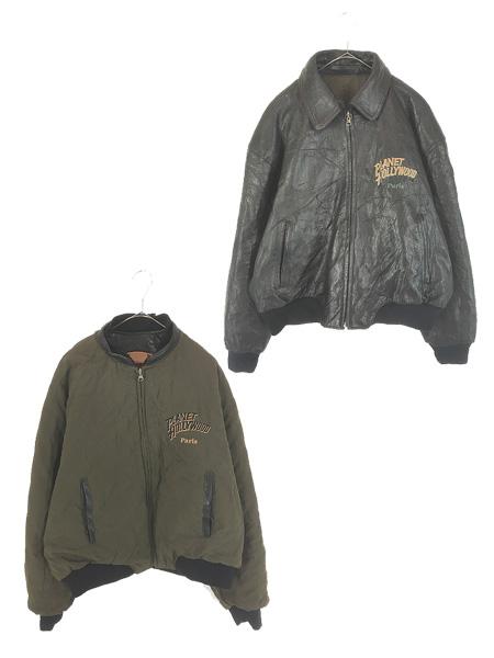古着 90s PLANET HOLLYWOOD 本革 カウ レザー × キルティング  4way リバーシブル ジャケット L