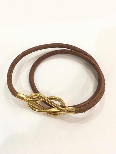 雑貨 古着 Hermes Attelage アタメ ブレスレット 2連 ロング レザー ブラウン×ゴールド