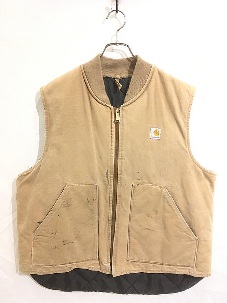 古着 80s USA製 Carhartt フェード ブラウン ダック 首リブ パデット ベスト 胸タグ 腰ゴム XL