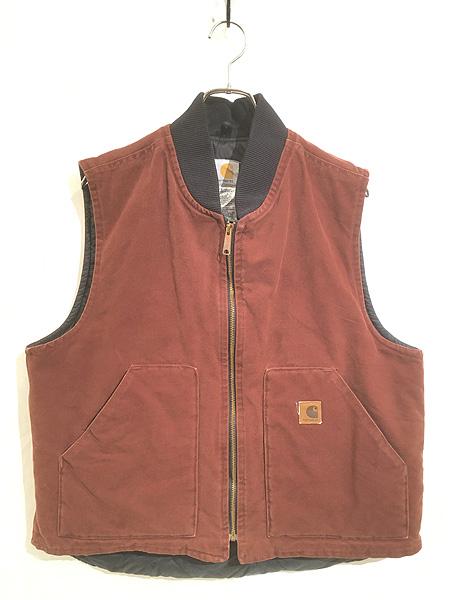 古着 00s USA製 Carhartt CLY チェリー レッド ダック 首リブ パデット ベスト L