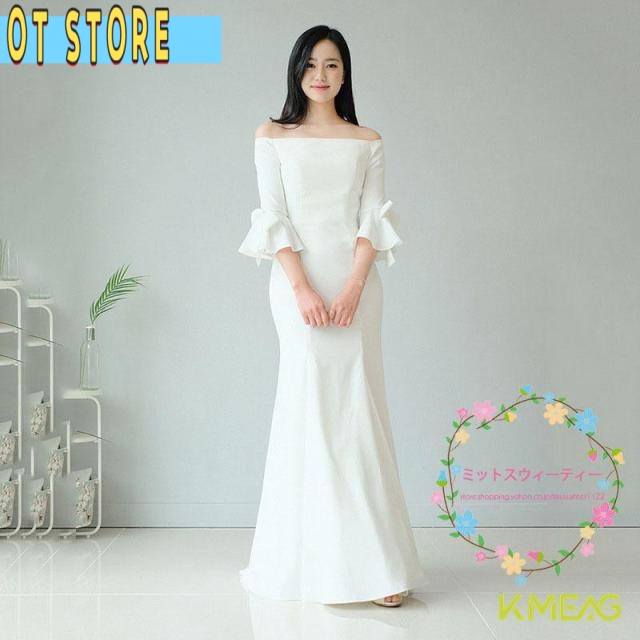 ウエディングドレス フォトウェディング リゾートウェディング ブライダル 撮影 海外挙式 ウェディングドレス スレンダー オフショルダー 袖あり 結婚式 二次会