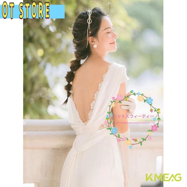 ウェディングドレス 結婚式 花嫁 サテン ギリシャ風 Vネック レース シースル 背中開き カクテルドレス イブニングドレス パーティードレス 優しい エレガンス