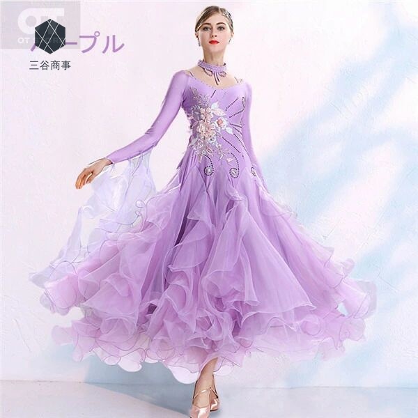 社交ダンス ドレス 社交ダンスウェア スタンダード ワンピース 発表会 広がる裾 競技着 練習着 演出用 モダン ドレス スタンダード ワルツダンス デモ用 パーティー用 ワインレッドS M L XL