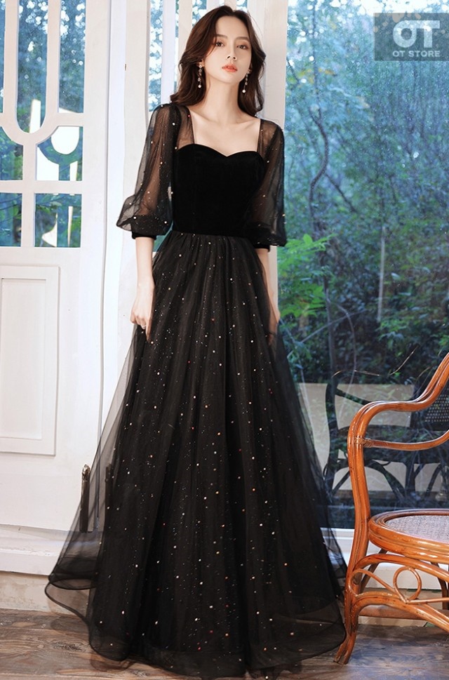 パーティードレス ロング 袖あり 半袖 カラードレス ロングドレス 黒 結婚式 お呼ばれ ドレス 演奏会 韓国 フレア Aライン パフスリーブ 大きいサイズ 小さいサイズ ハイウエスト 体型カバ 3L