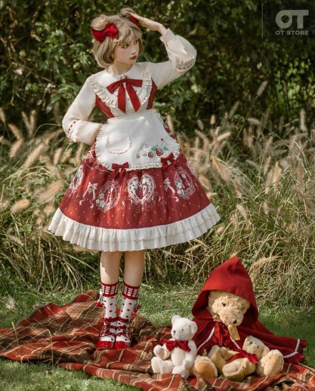 長袖ロリータワンピース 赤マント お姫系 ロリータ服 苺柄 膝丈 ティアードドレス プリンセスライン 可愛い リボン スカラップ裾 学園祭 文化祭 撮影衣装 コスプレ