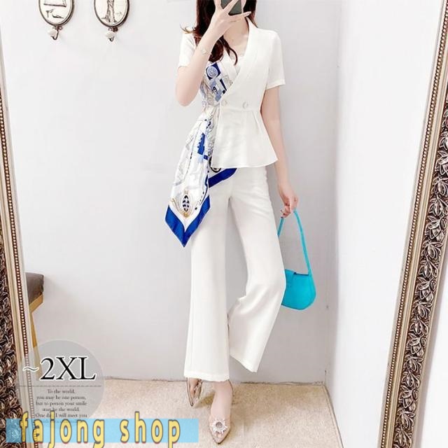 セットアップ ジャケット パンツ スカーフ柄 襟付き 半袖 ボタン モダン 発表会 パーティースタイル お呼ばれ 卒業式 爽やか 学校行事