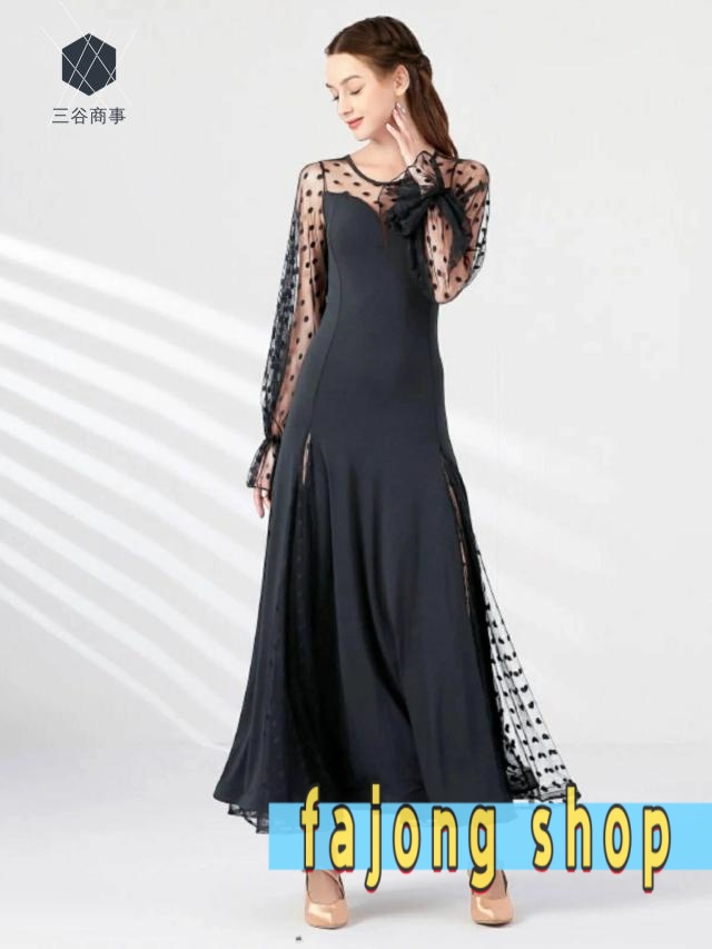 社交ダンスドレス モダンドレス 黒 透け感 社交ダンス衣装 社交ダンス ドレス 衣装 長袖 広がる裾 スタンダードドレス ワルツダンス ワンピースドレス ステージ衣装 ダンス衣装 ダンスウェア 競技会 パーティー 発表会 競技着 練習着 舞台 演奏会 演出 M L XL 2XL