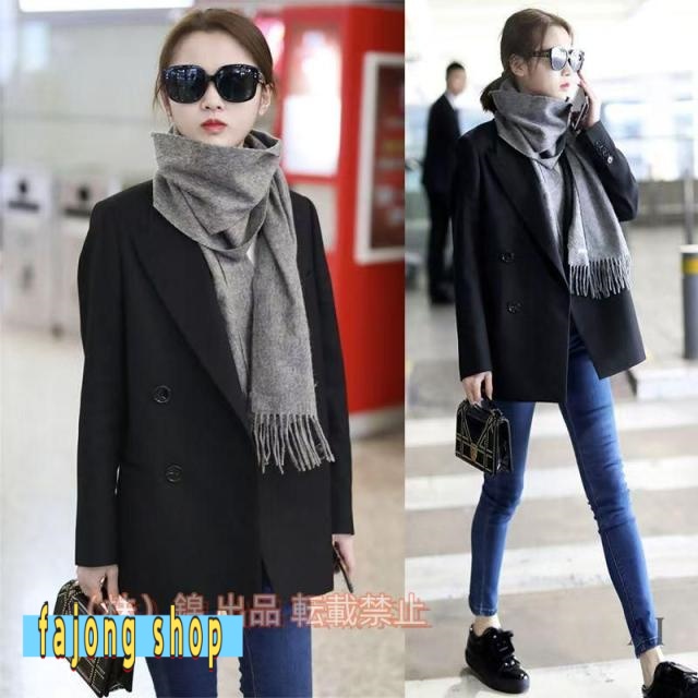 ダブルジャケット　ブラック　通勤　通学　ウールジャケット　ブレザー　厚手　防寒　 テーラードブルゾン　　　ほっそり効果大 20代30代40代50代